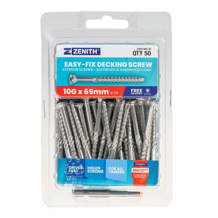 Zenith Easy-Fix Decking Screw T20 10G x 65mm SS304 - 50 Pack - Bunnings ...
