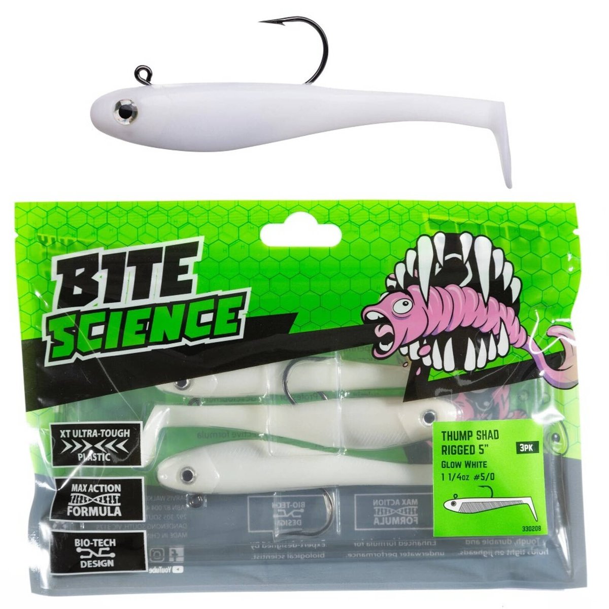 3 Pack of 5 Inch Bite Science Thump Shad Rigged Soft Plastics - Glow ...
