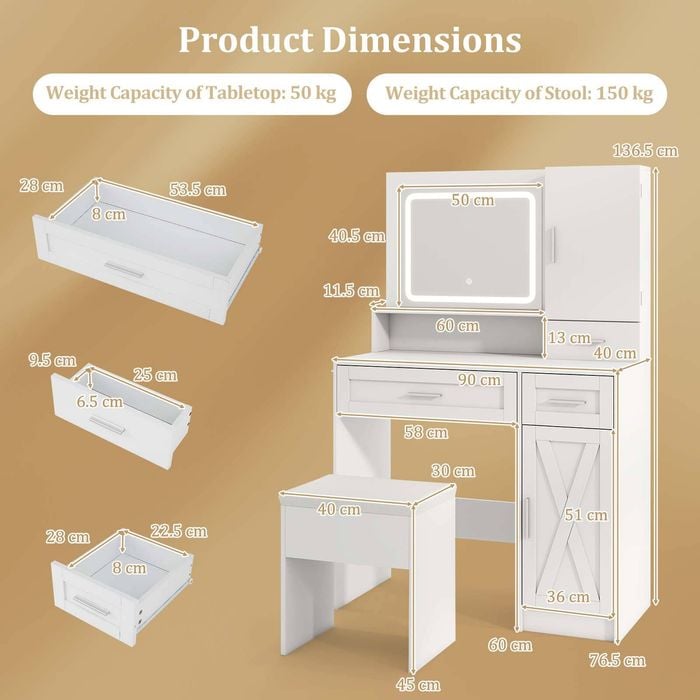 Costway Dressing Table Makeup Vanity Table & Stool Set - Bunnings Australia