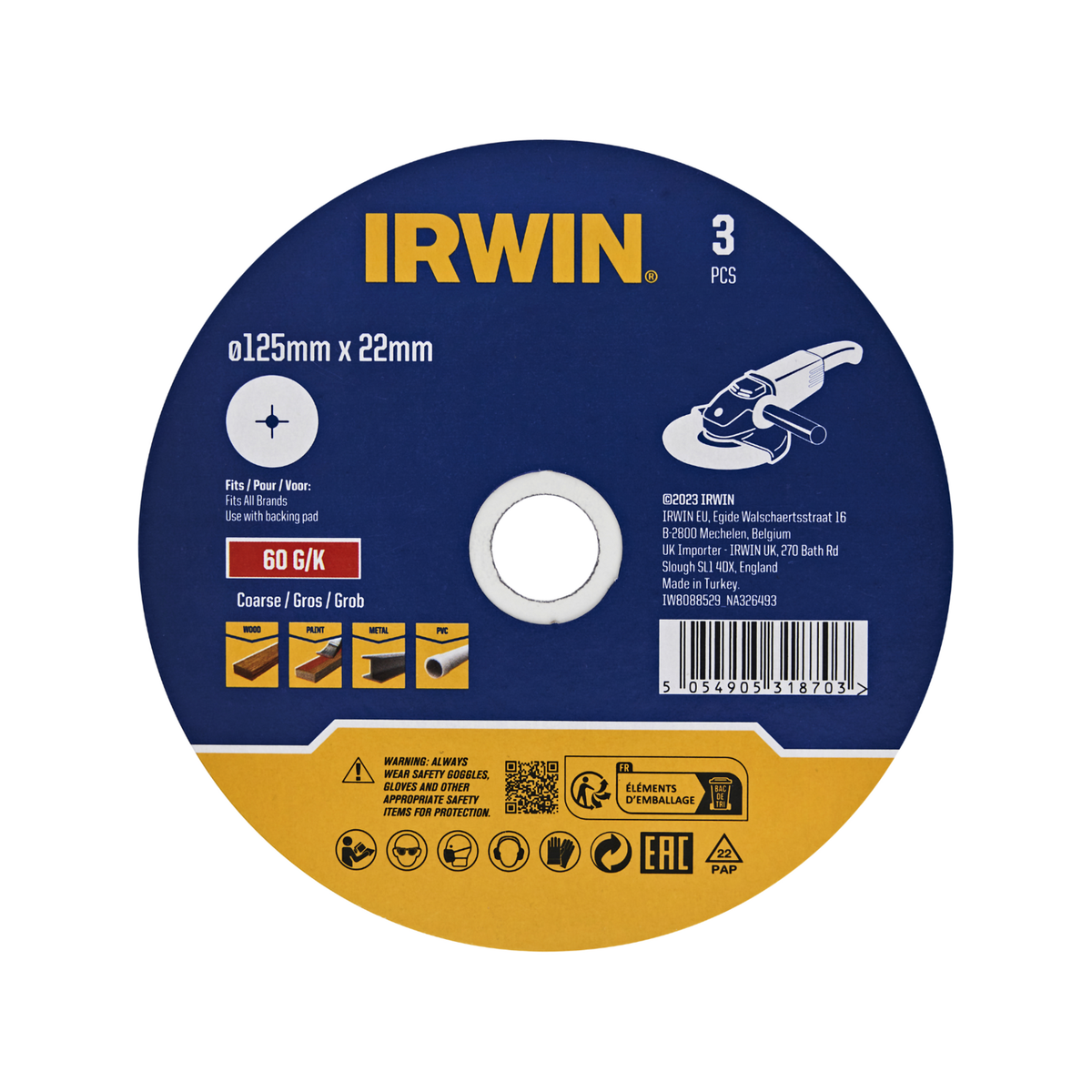 IRWIN 125 x 22mm 60 Grit Fibre Disc - 3 Pack - Bunnings Australia