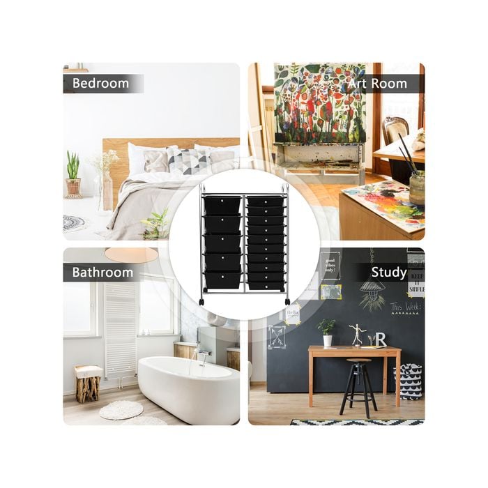 Costway 15-Drawer Storage Trolley Cart Filing Cabinet Black - Bunnings ...