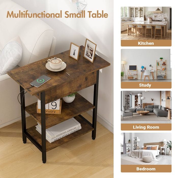 Advwin Side Table Flip Top Sofa End Table w/ Charging Station Narrow ...