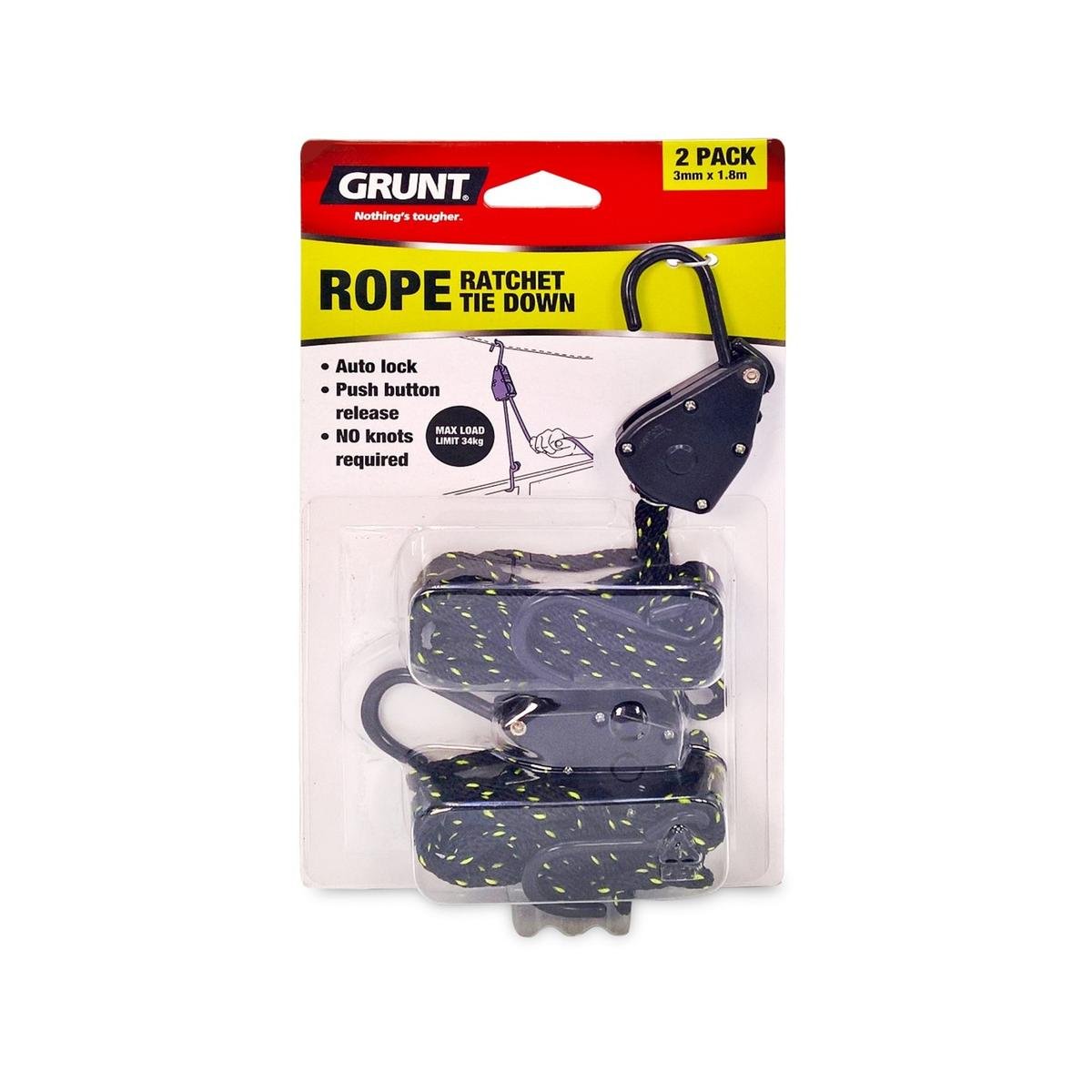 GRUNT 3mm x 1.8m Rope Ratchet Tie Downs - 2 Pack - Bunnings Australia