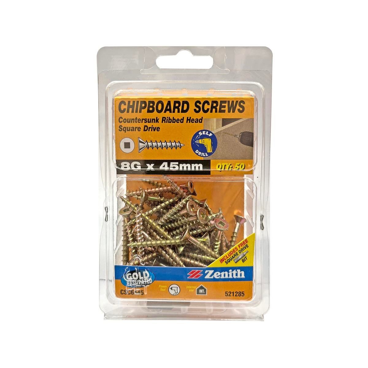 Zenith 8G x 45mm Gold Passivated Square Drive Chipboard Screw - 50 Pack ...