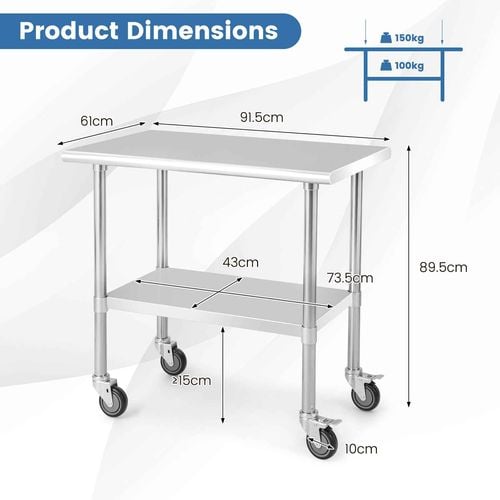 Costway Mobile Food Prep Table Kitchen Work Bench 91.5x61CM - Bunnings ...