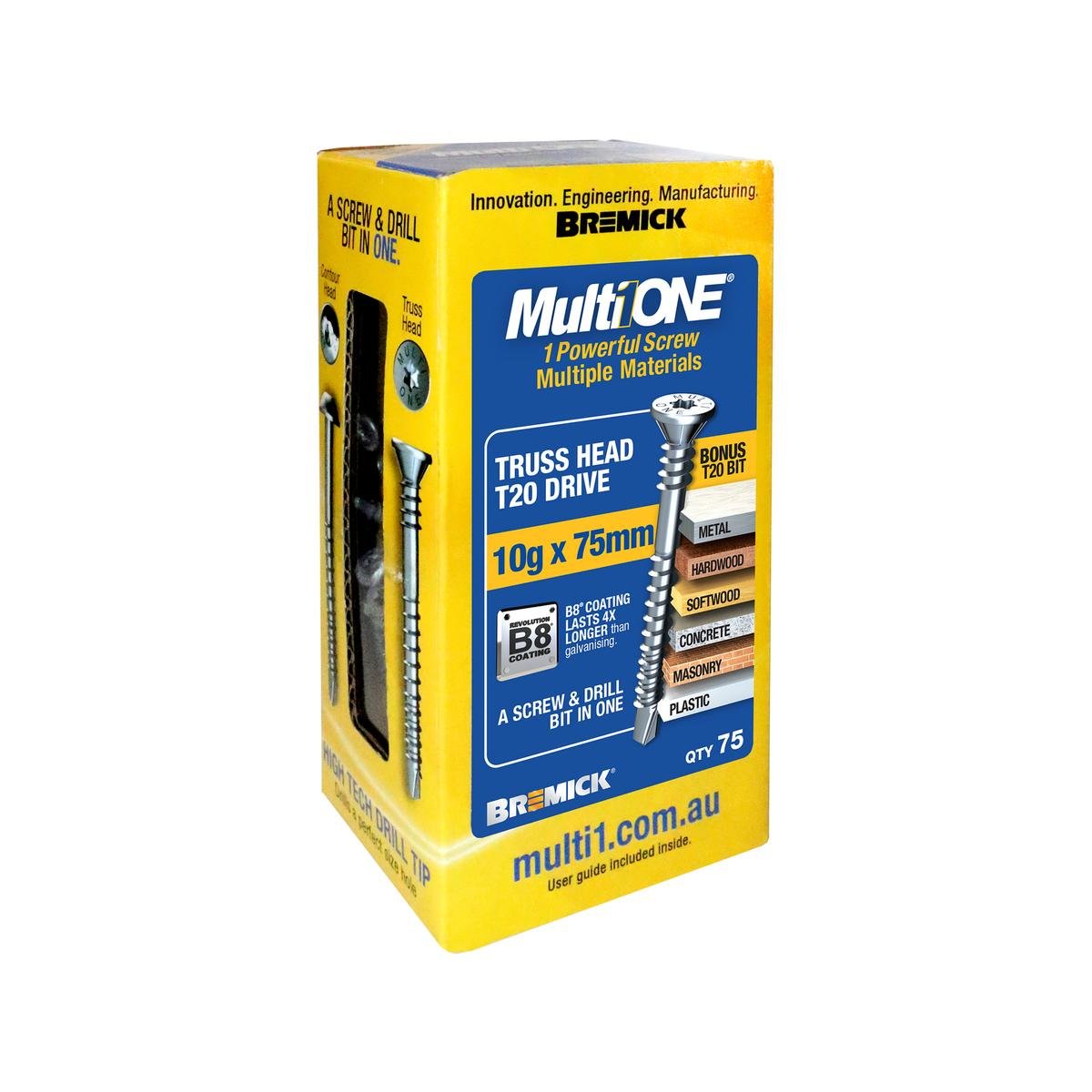 Bremick 10g x 75mm B8 MultiONE Countersunk Truss Head Screw - 75 Pack ...