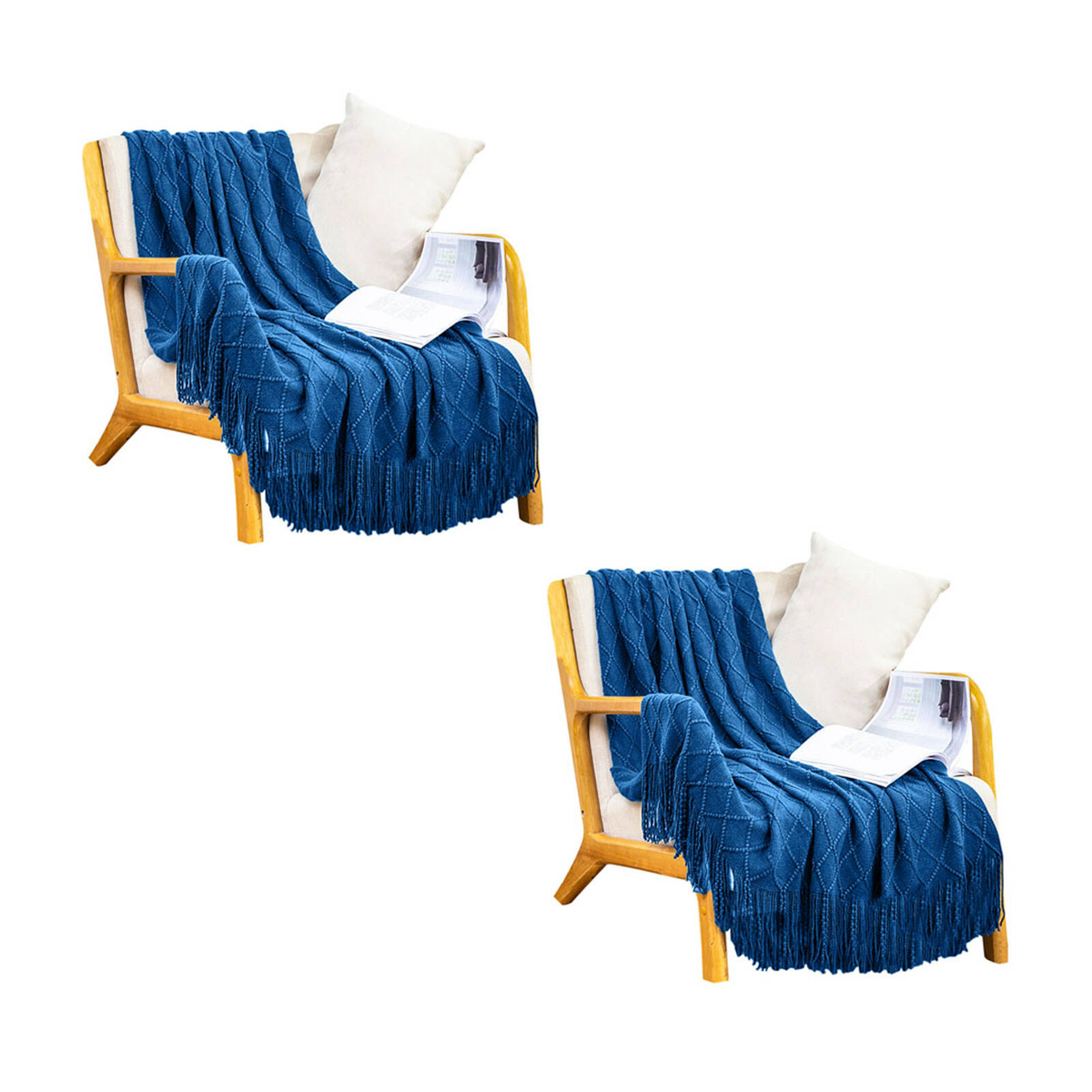 SOGA 2X Royal Blue Diamond Knitted Throw Blankets - Bunnings Australia