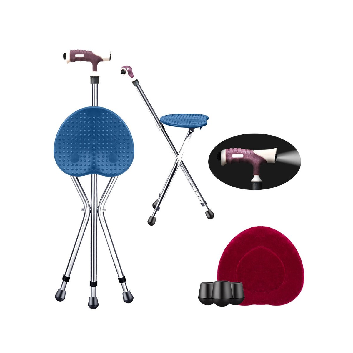 Costway Folding Walking Stick Seat Aluminum w/Handle & Built-In LED ...