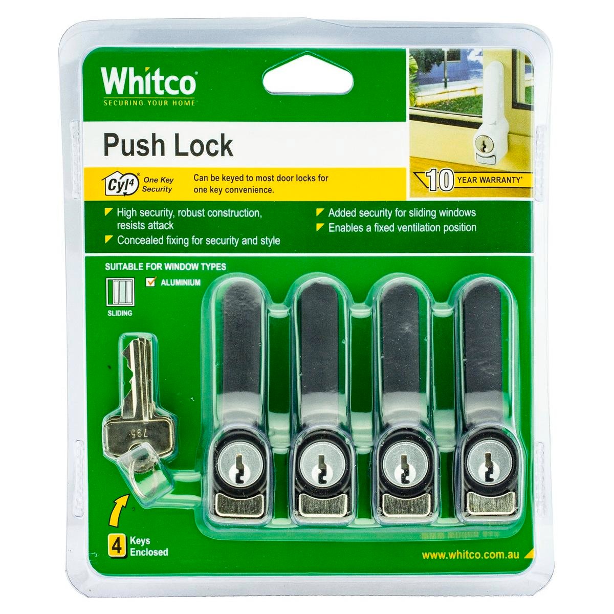 Whitco 4 Pack Sliding Window Push Lock - Black - Bunnings Australia
