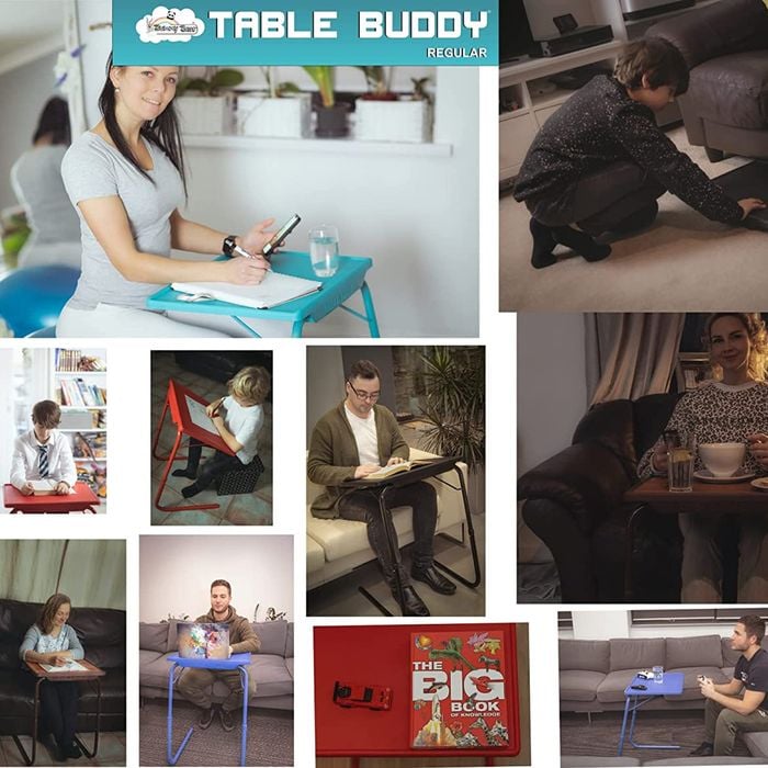 TABLE BUDDY Smart 55x40x73 cm Adjustable Folding Table With Cupholder- Marble - Bunnings Australia