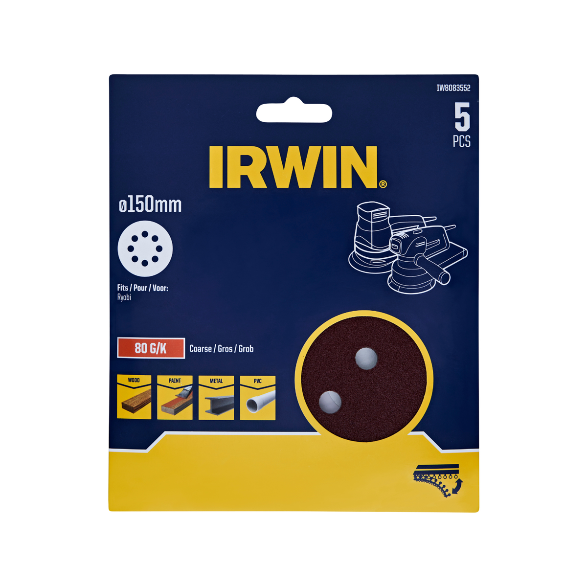 IRWIN 150mm 80 Grit 8 Holes Quick Fit Random Orbital Sanding Discs - 5 ...