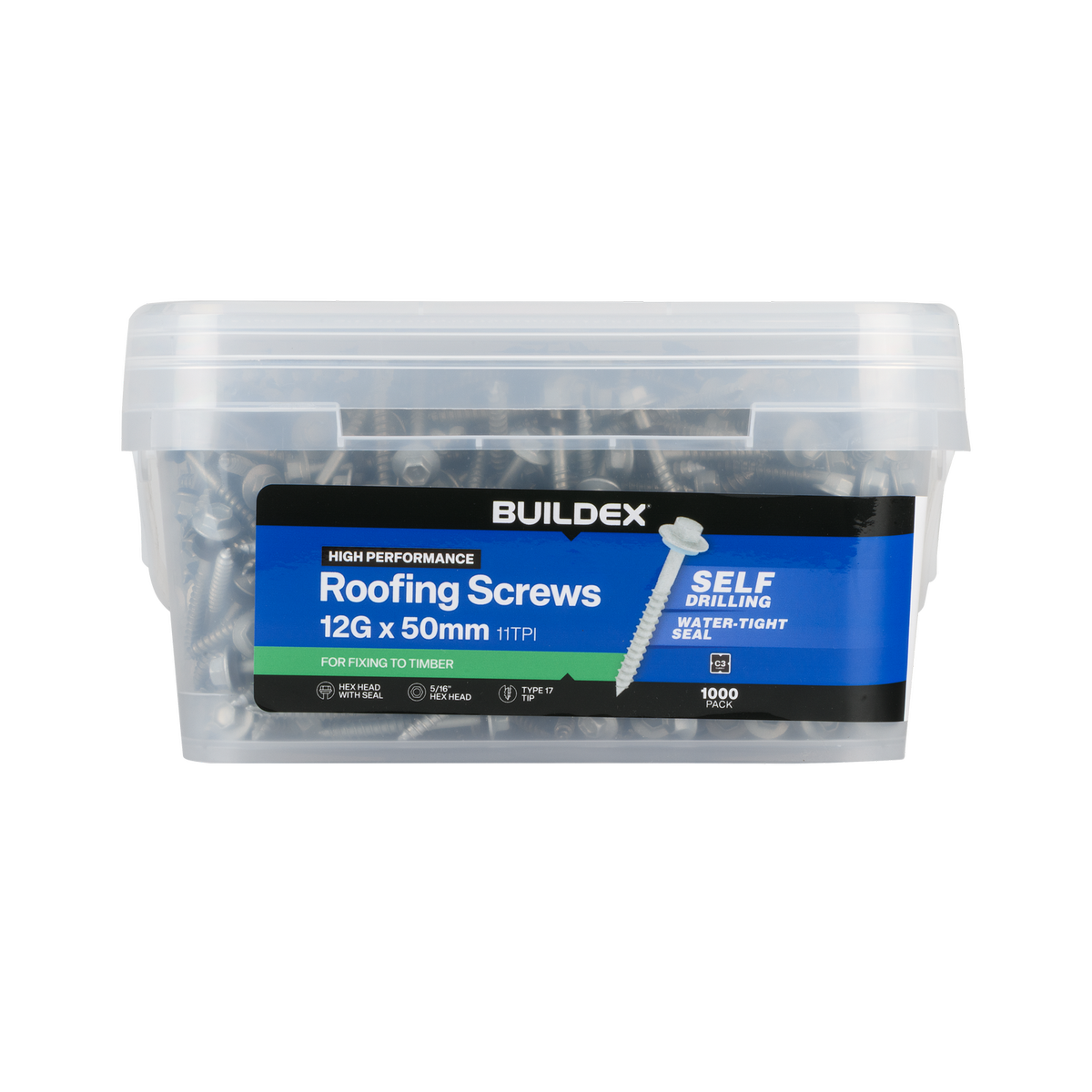 Buildex 12G x 50mm Class 3 Roofing Screws with Seal - 1000 Pack ...