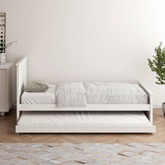 Oikiture Trundle Bed Frame Single Size Beds Base Wooden Daybed White ...