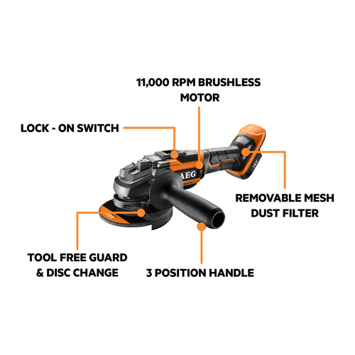 AEG 18V 125mm Brushless Angle Grinder - Skin Only - Bunnings New Zealand