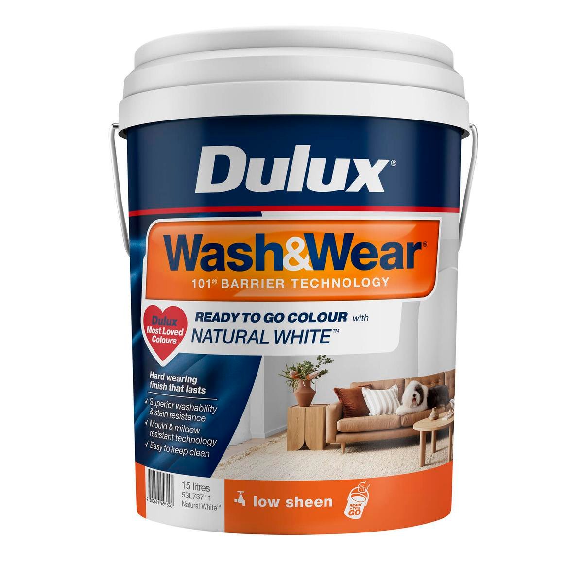 Dulux 15L Natural White Low Sheen Ready To Go Colour Wash&Wear Interior ...