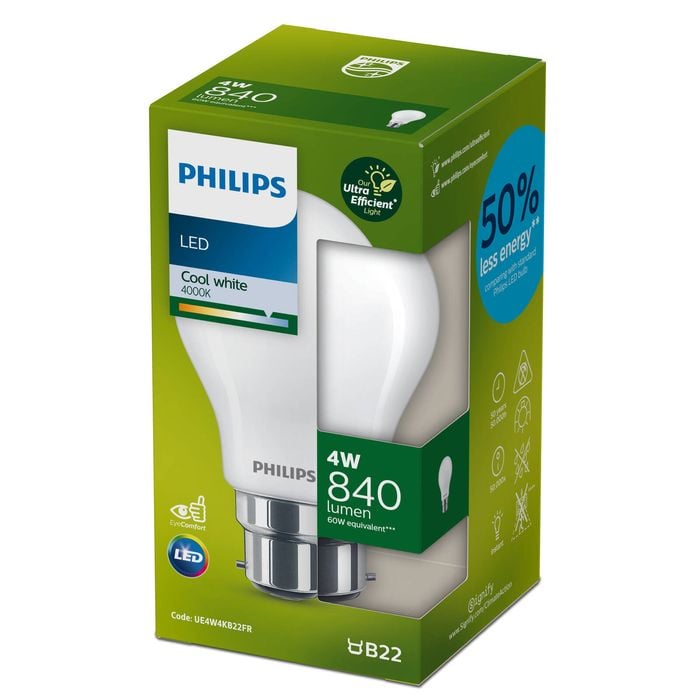 Philips A60 B22 LED 840Lm Cool White 4W Ultra Efficient Globe ...