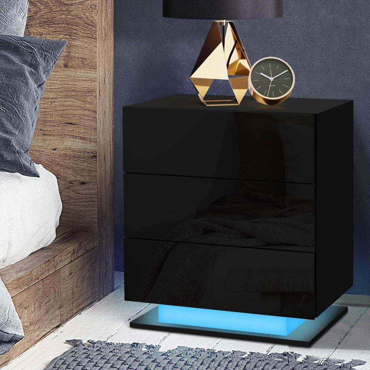 Artiss Bedside Table RGB LED 3 Drawers Gloss Black - Bunnings Australia