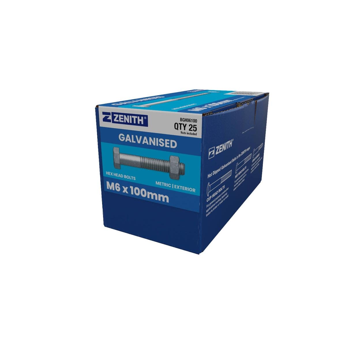 ZENITH M6 x 100mm Hot Dip Galvanised Hex Head Bolts And Nuts - 25 Pack ...