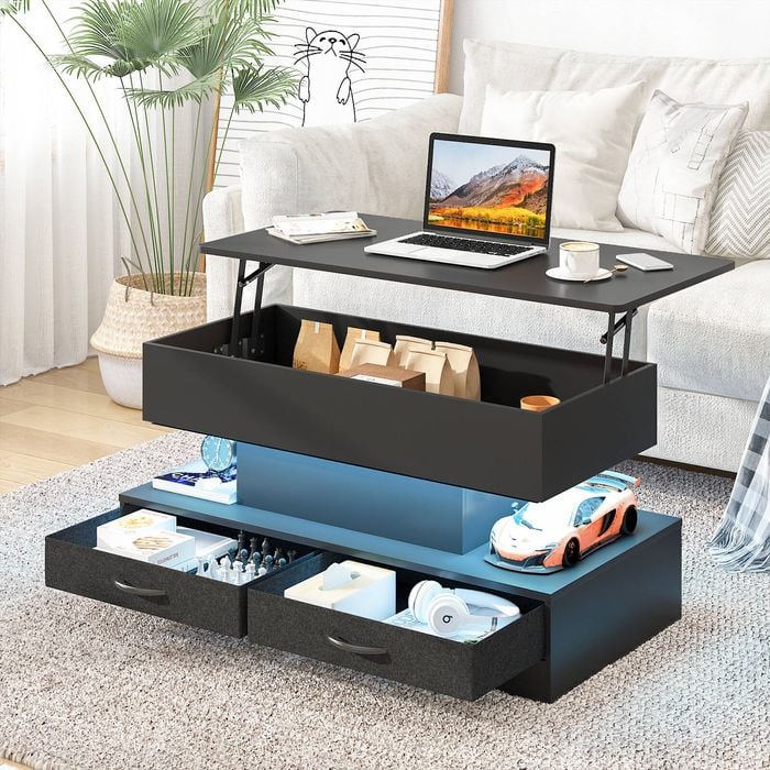 Advwin Lift up Top Coffee Table with Hidden Storage & Drawers RGB LED ...