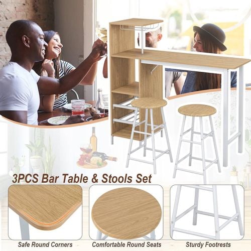 Costway 120cm Bar Table Stool Set Compact Dining Set w/Glass Holders & Wine Rack Natural ...