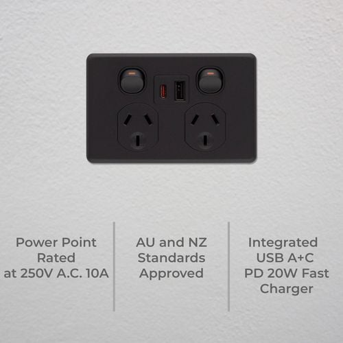 DETA X6 Matte Black Double Power Point with USB A+C PD20W Fast Charging ...