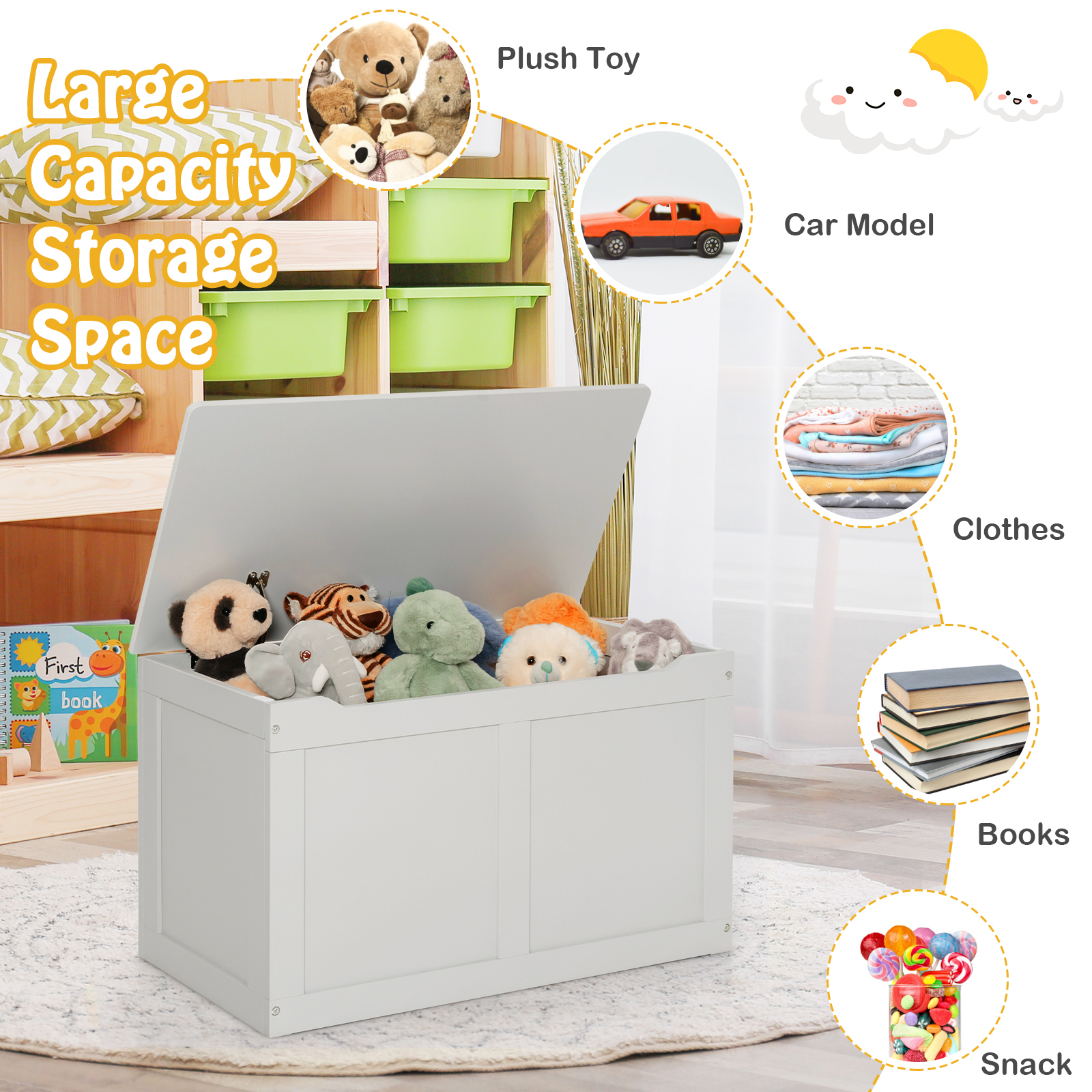 Costway Kids Toy Box Storage Ottoman Chest Children Room Organiser w Flip Top Lid Grey Bunnings Australia