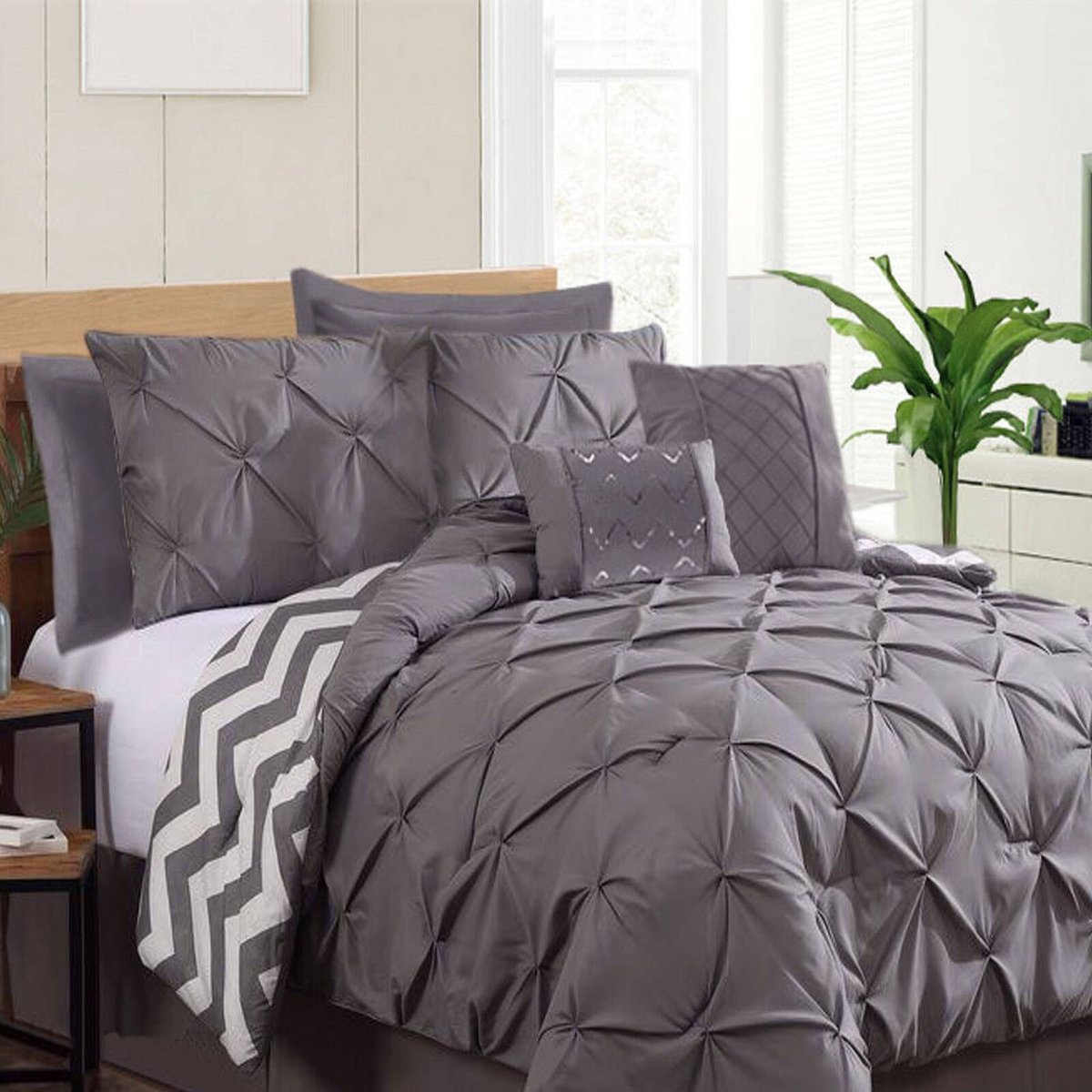 Ramesses 7 Piece Pinch Pleat Comforter Set Charcoal Queen - Bunnings ...