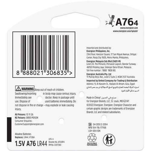 Energizer LR44/A76 Alkaline Button Battery - 4 Pack - Bunnings Australia