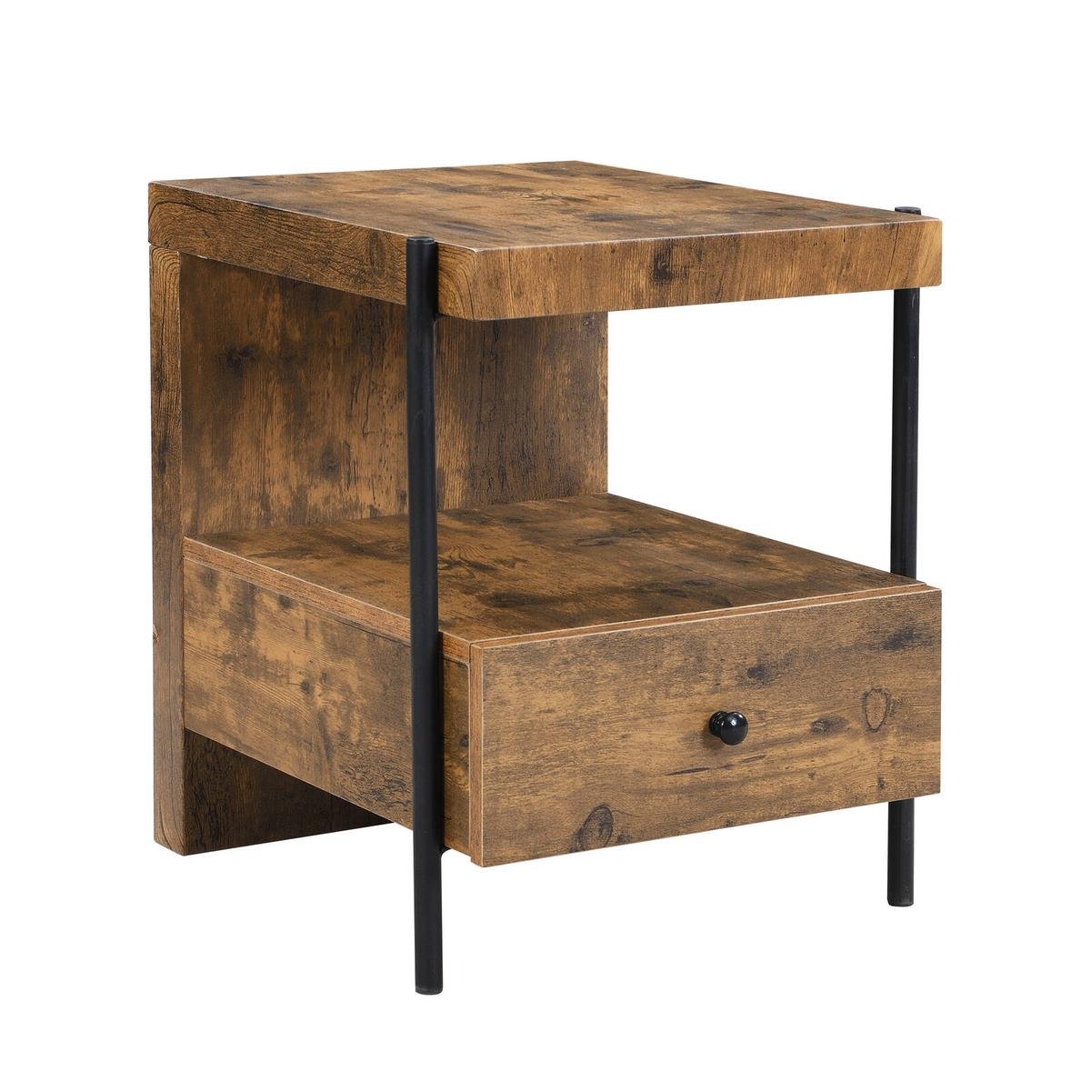 IHOMDEC Retro Metal Tube and Wood Side Table with Drawer Rustic Dark ...