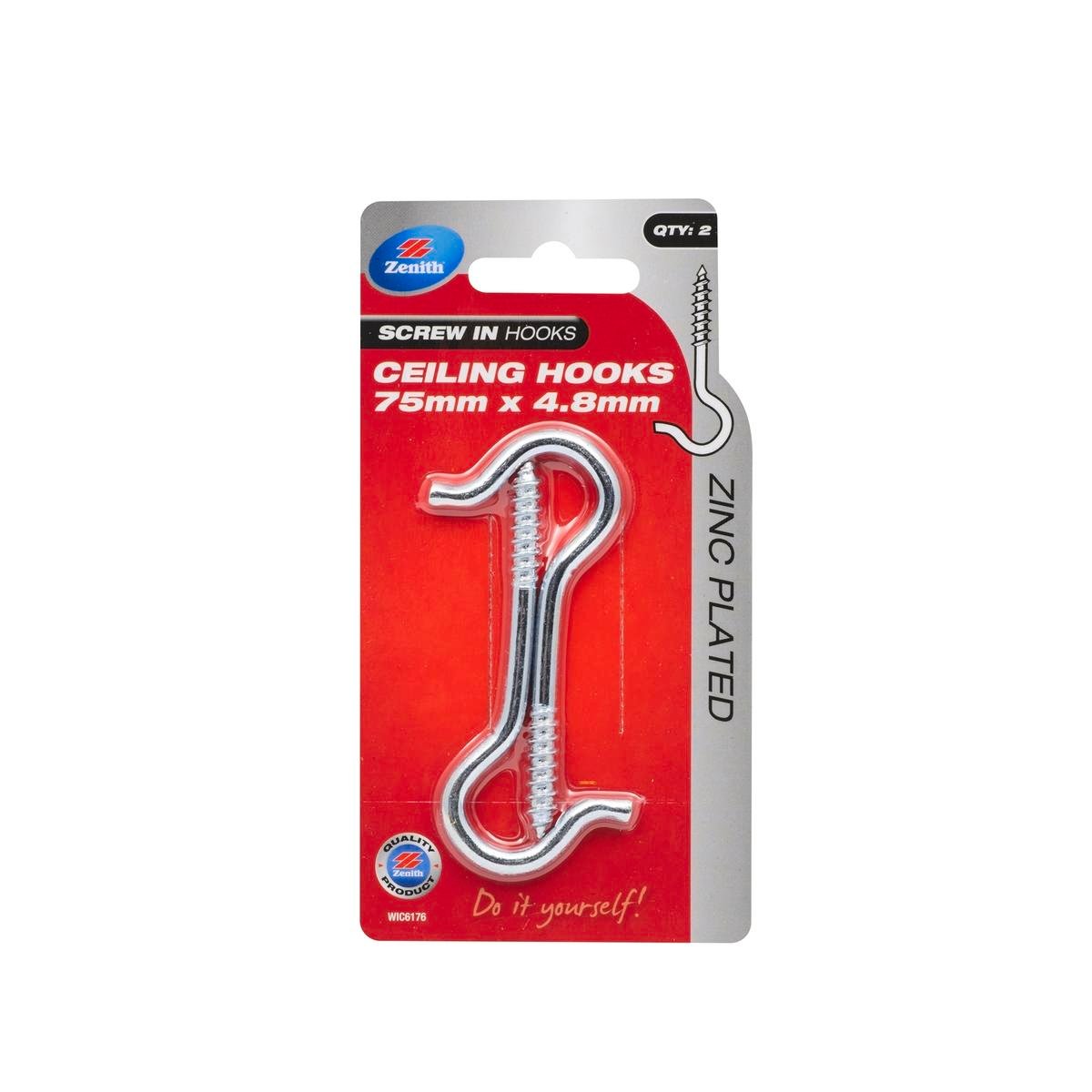 Zenith 75 x 4.8mm Zinc Plated Ceiling Hook - 2 Pack - Bunnings Australia