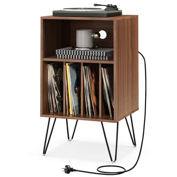Costway Bedside Table Record Player Stand with Charging Station Walnut ...