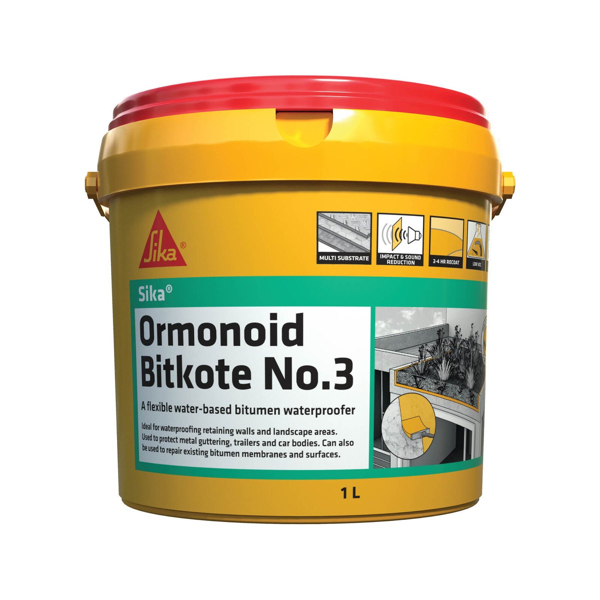 Sika 1L Ormonoid Bitkote No.3 Water-Based Bitumen Waterproof Compound ...