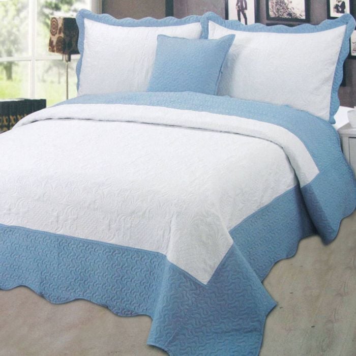 Georges Fine Linens Celeste Powder Blue Trim Bedspread Set Queen ...
