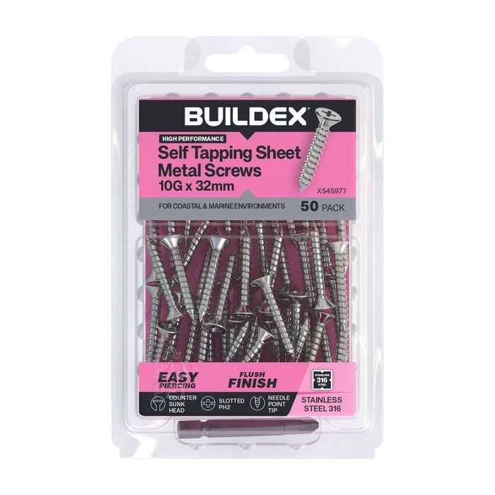 Buildex 10G x 32mm SS316 Self Tapping Sheet Metal Screws - 50 Pack ...