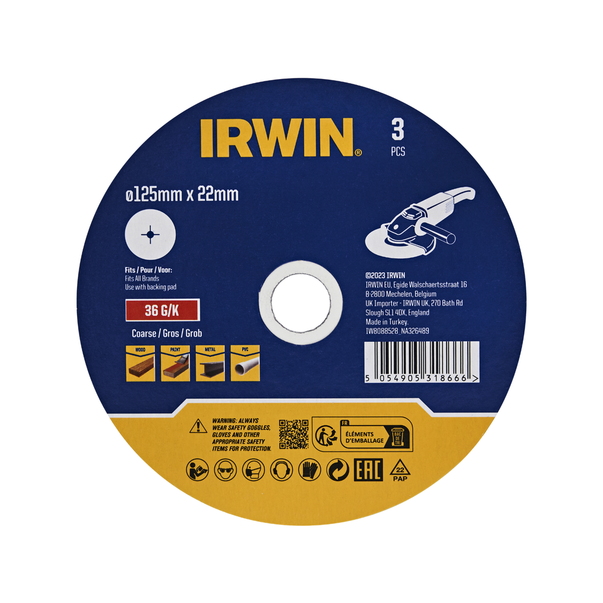 IRWIN 125 x 22mm 36 Grit Fibre Disc - 3 Pack - Bunnings Australia
