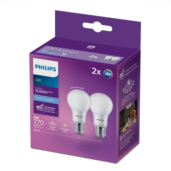 Philip A60 E27 LED 770lm Cool Daylight 8W Globe - 2 Pack - Bunnings New ...
