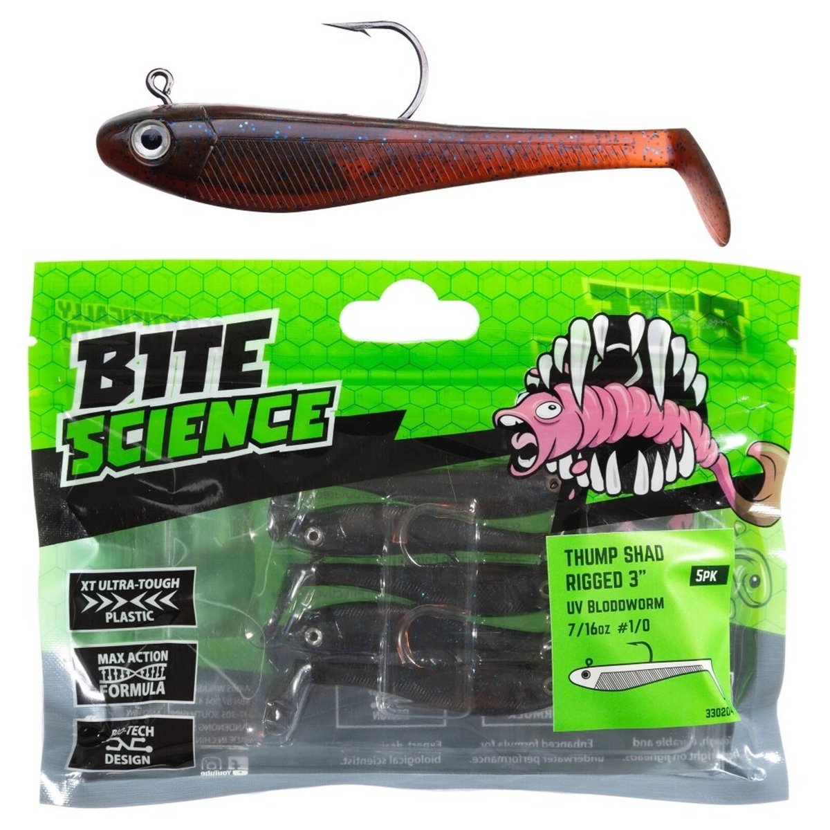 5 Pack of 3 Inch Bite Science Thump Shad Rigged Soft Plastics - UV ...