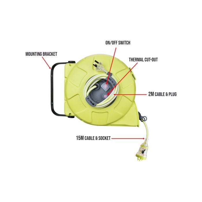 CordTech 15m Retractable Cable Reel With Lock-On Socket - Bunnings ...