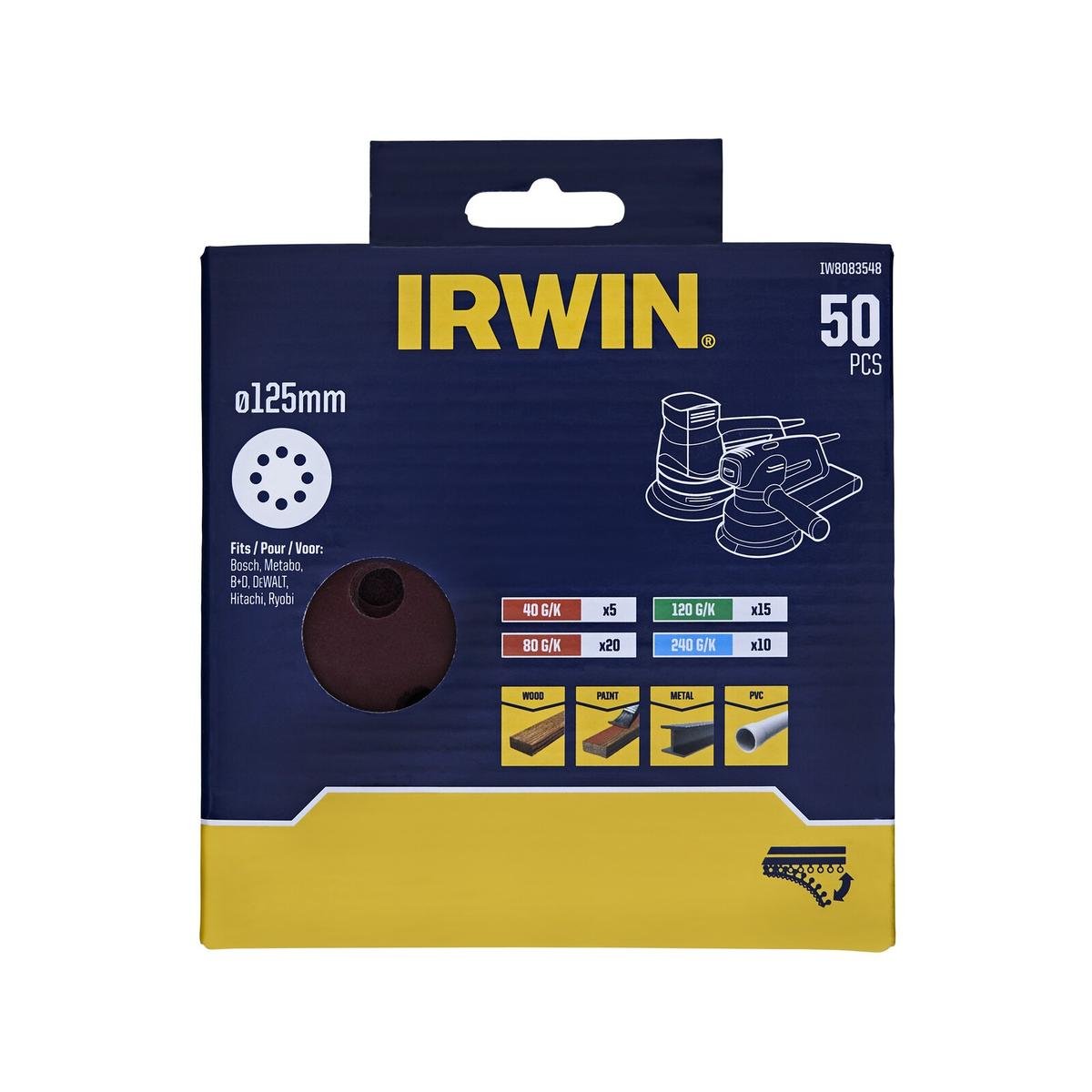 IRWIN 125mm 8H Quick Fit Mixed Random Orbital Sanding Discs - 50 Pack ...