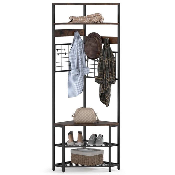 Costway Corner Coat Rack with Shoe Bench Hall Tree Entryway - Brown ...