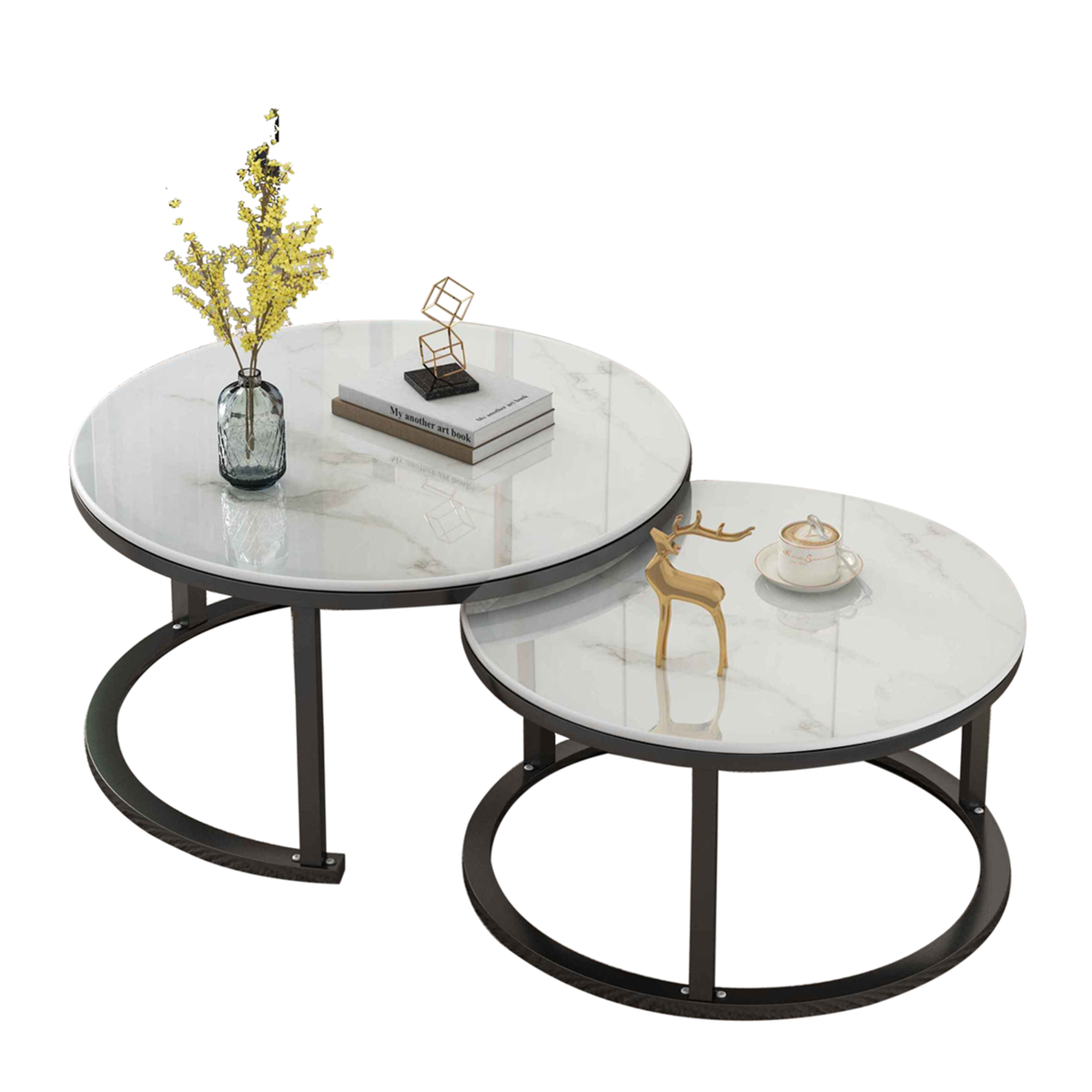 Foret Coffee Table 80cm Side Tables 2pc Set Tea Marble Look Tempered ...
