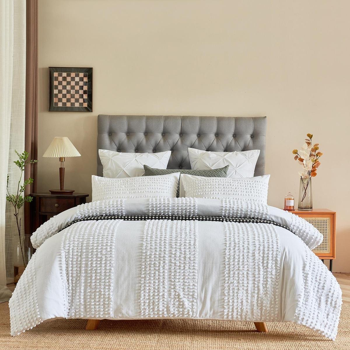 CottonMore 100% Cotton Tufted Pattern White Quilt Doona Duvet Cover Set ...