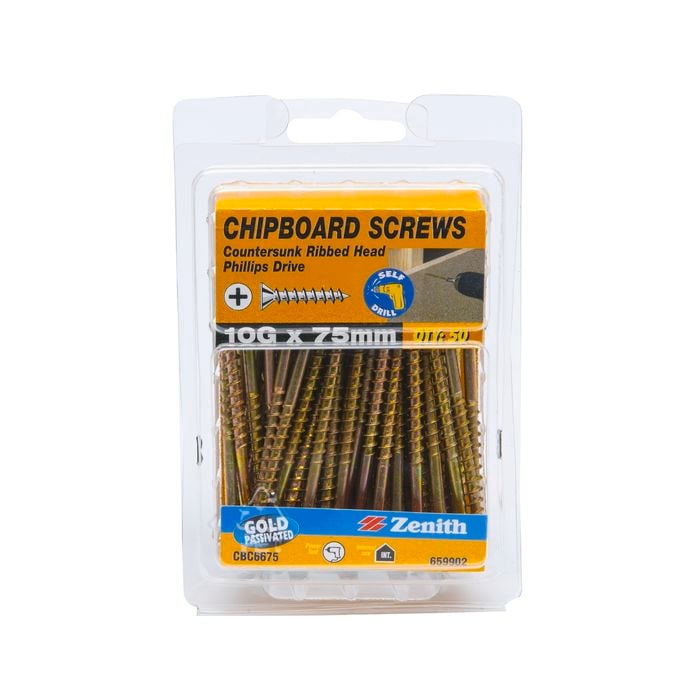 Zenith 10G x 75mm Countersunk Rib Head Chipboard Screws - 50 Pack - Bunnings Australia