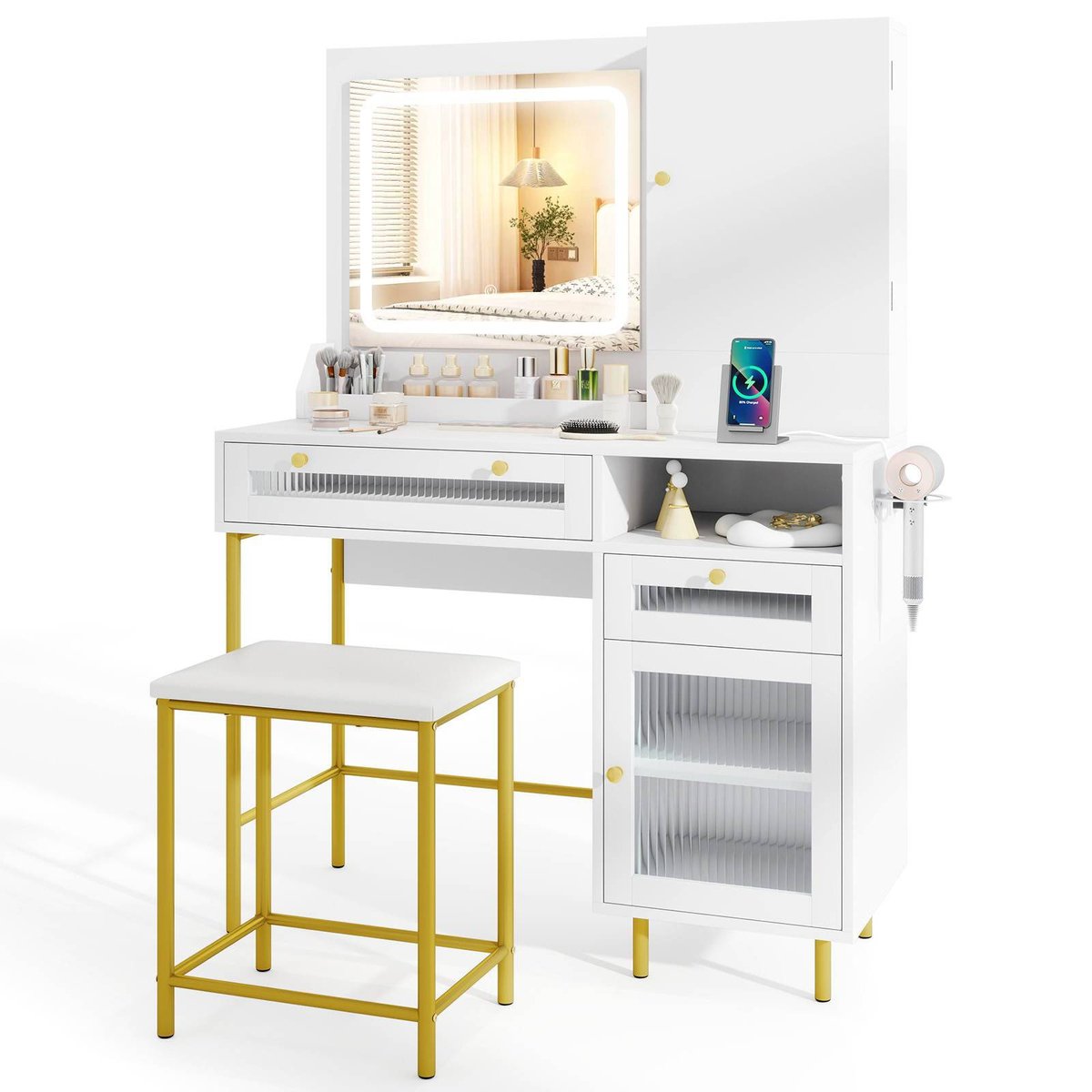 Costway Dressing Table Makeup Vanity Table & Stool Set White - Bunnings ...