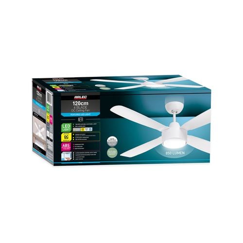 Arlec 120cm White Matte AER 4 Blade DC Ceiling Fan With LED Light ...