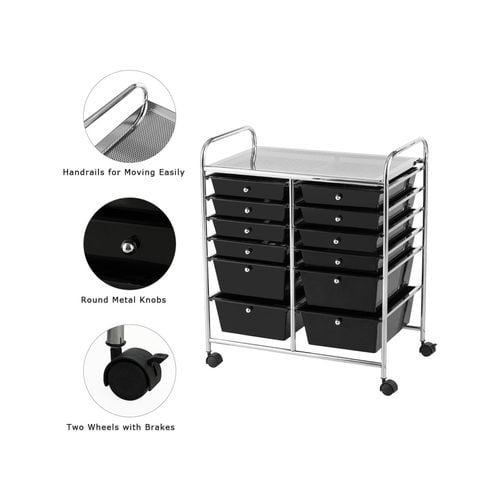 Costway 12-Drawer Storage Trolley Filing Cabinet w/Wheels Black ...