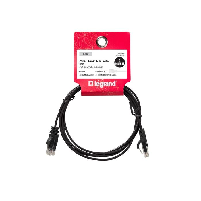 Legrand 2m Black Cat6 RJ45 UTP Slimline Patch Lead - Bunnings Australia