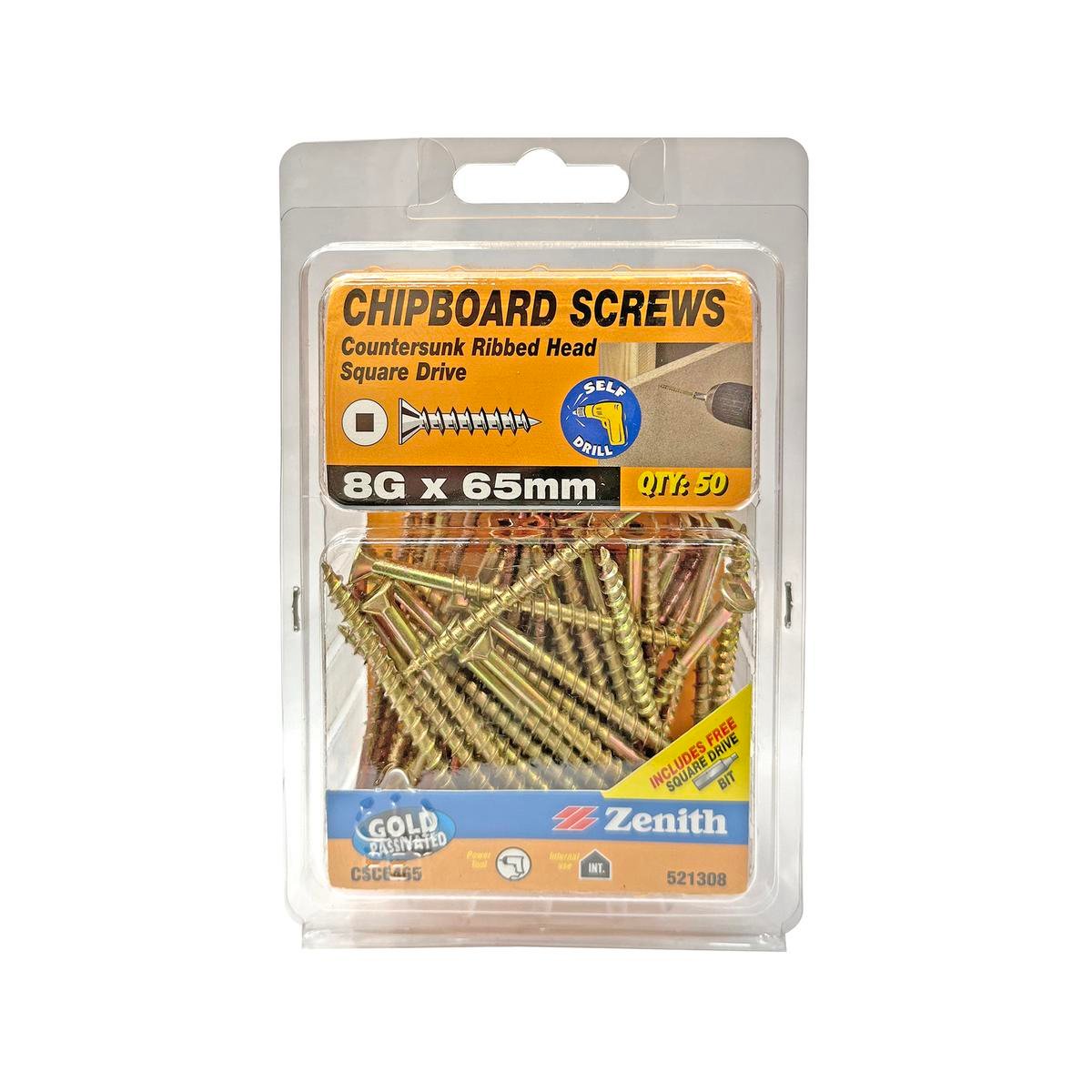 Zenith 8G x 65mm Gold Passivated Square Drive Chipboard Screw - 50 Pack ...