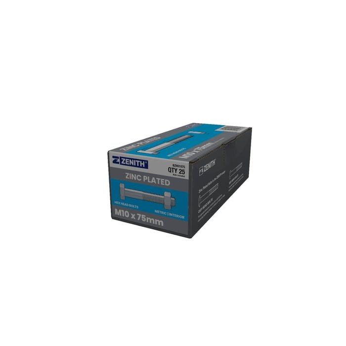 ZENITH M10 x 75mm Zinc Plated Hex Head Bolts and Nuts - 25 Pack ...