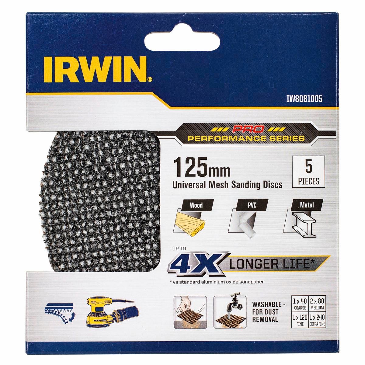 Irwin 125mm Mixed Grit Orbital Sanding Disc - 5 Pack (40, 80, 80, 120 ...